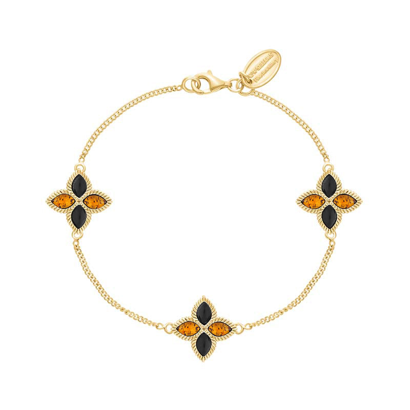 9ct Yellow Gold Whitby Jet And Amber Eden Marquise Flower Bracelet ...