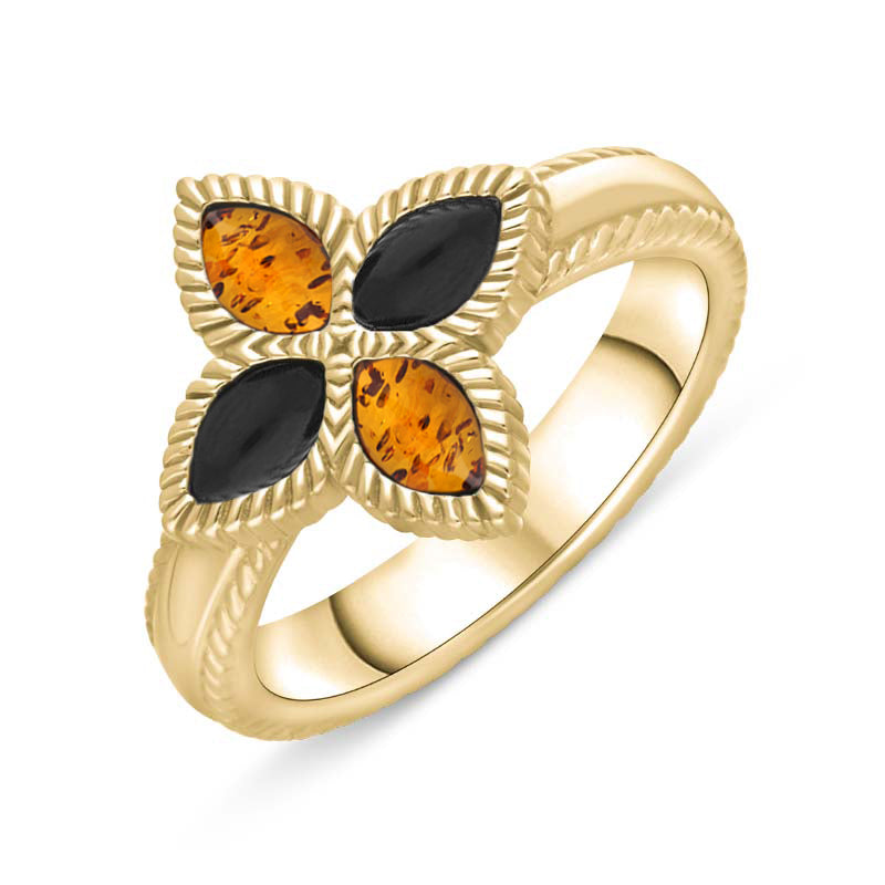 18ct Yellow Gold Whitby Jet And Amber Eden Marquise Flower Ring R1276/V ...