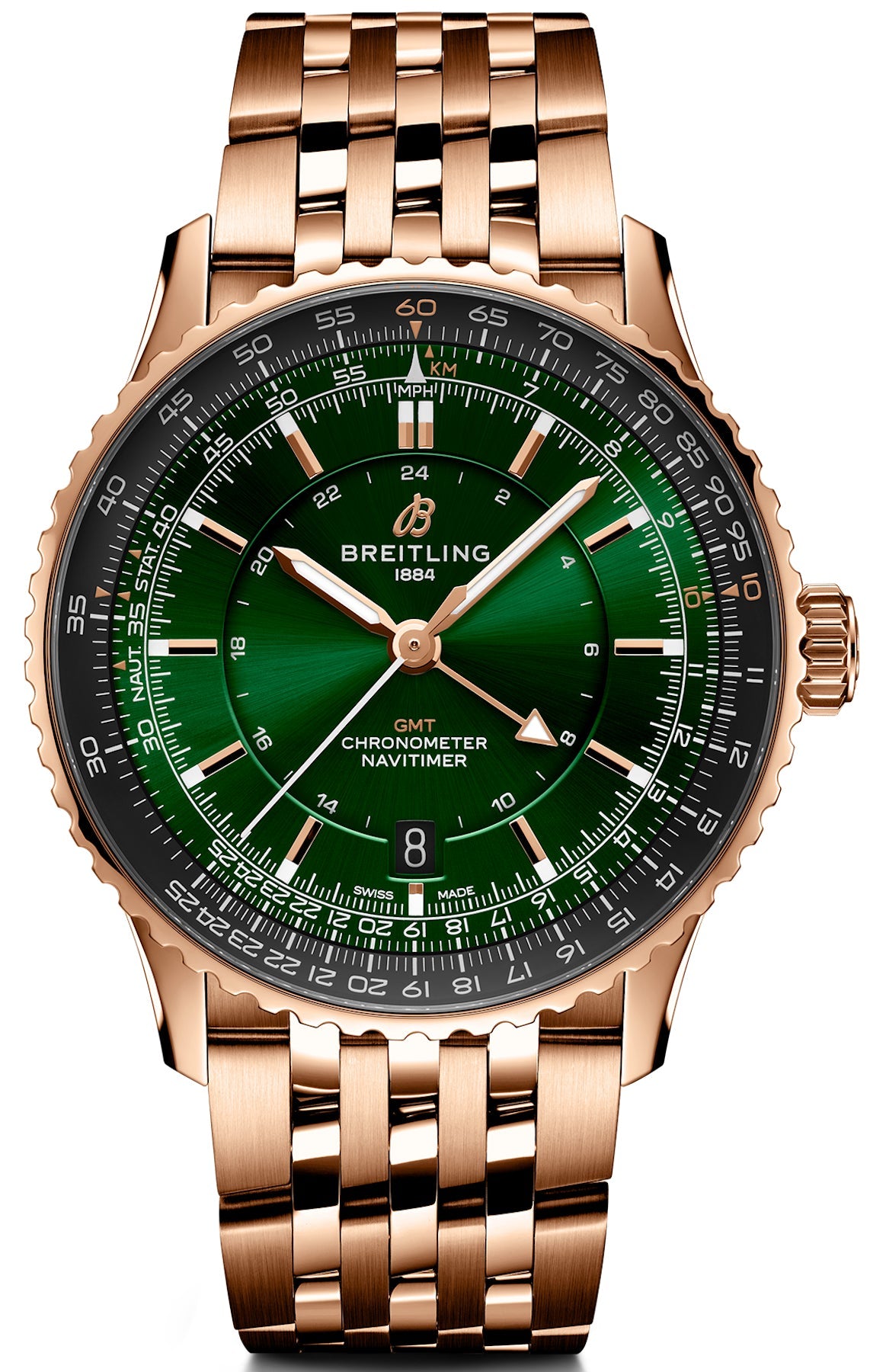 Breitling Navitimer GMT 41 Green 18k Red Gold Bracelet Watch ...
