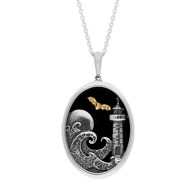 Sterling Silver 9ct Yellow Gold Whitby Jet Whitby Lighthouse and Bat ...